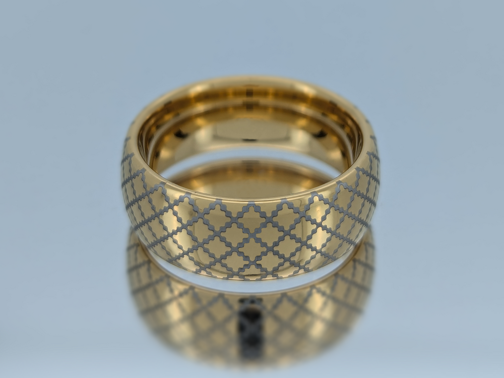 8mm Gold Tungsten Ring - Quilted Pattern Wedding Band | HoloRing