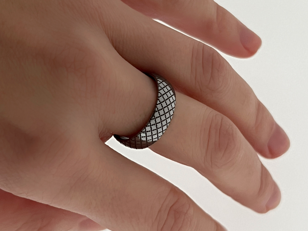 White Gold Tungsten Ring - Black Quilted Pattern | HoloRing